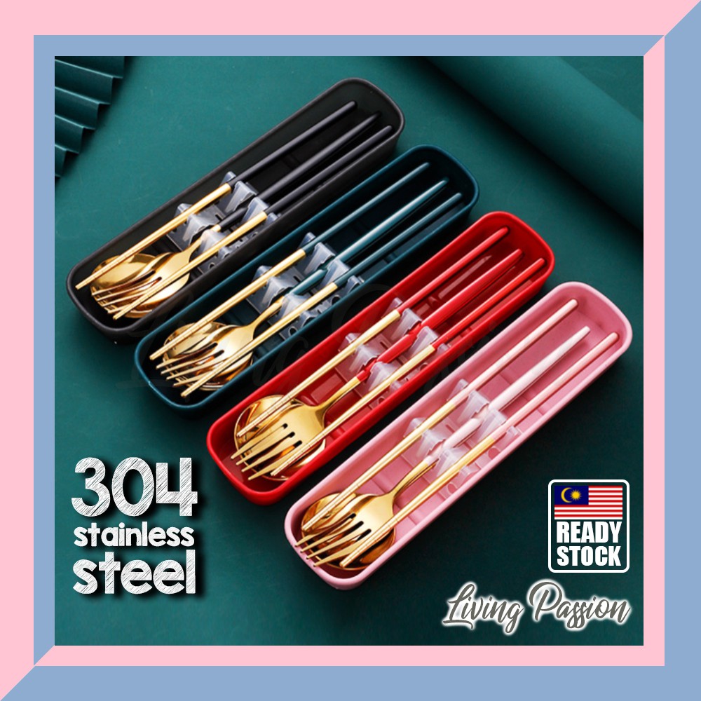 304 Stainless Steel Spoon Fork Set with Case Portable Tableware (5pcs ...