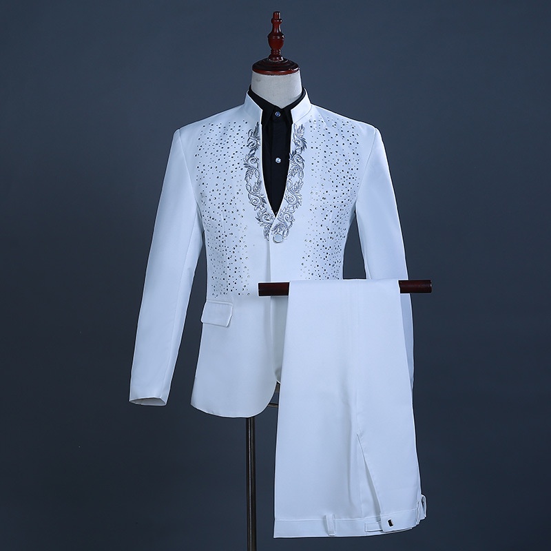 White Embroidered Diamond Suit Men Wedding Groom Tuxedo Suits Mens ...