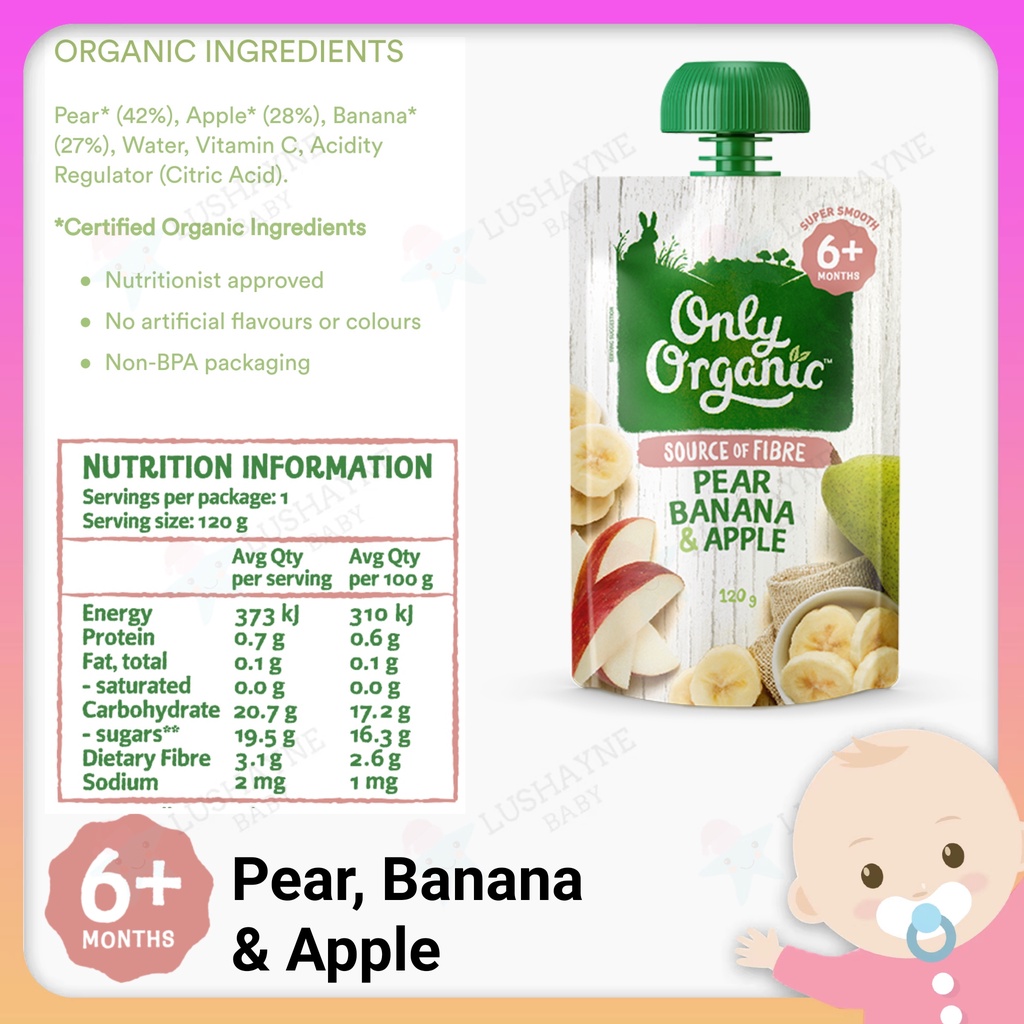 Only Organic Fruit Vegetable Baby Puree Food 4 Months 6 Months 120g ...