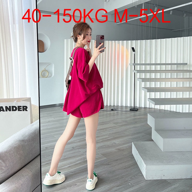 【M-5XL 40-150KG】夏季休闲运动短袖短裤两件套2022新款大码胖MM2-300斤时尚套装女 plus size extra large size oversize fat big ...