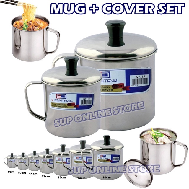 Stainless Steel Mug With Cover Cawan Dengan Pentutup / Kole Ayan Enamel ...