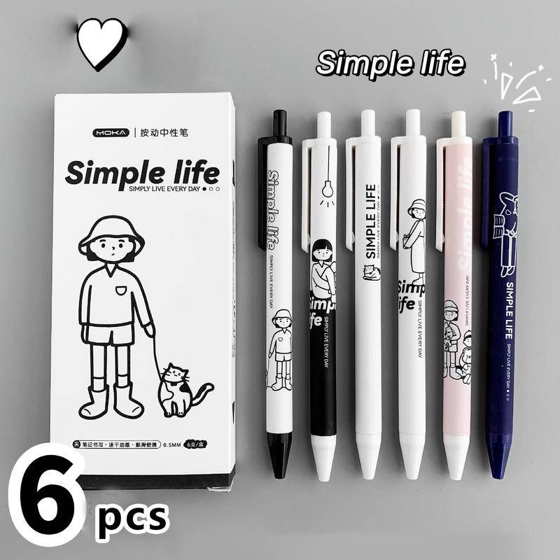6 Pcs Simple Press Pen 0.5mm Black Gel Pen Office Student Stationary ...