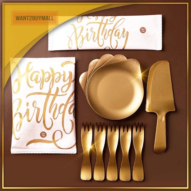 🇲🇾 🏆 11pcs Set Gold Happy Birthday Disposable Dinner Plastic Cake Plate ...