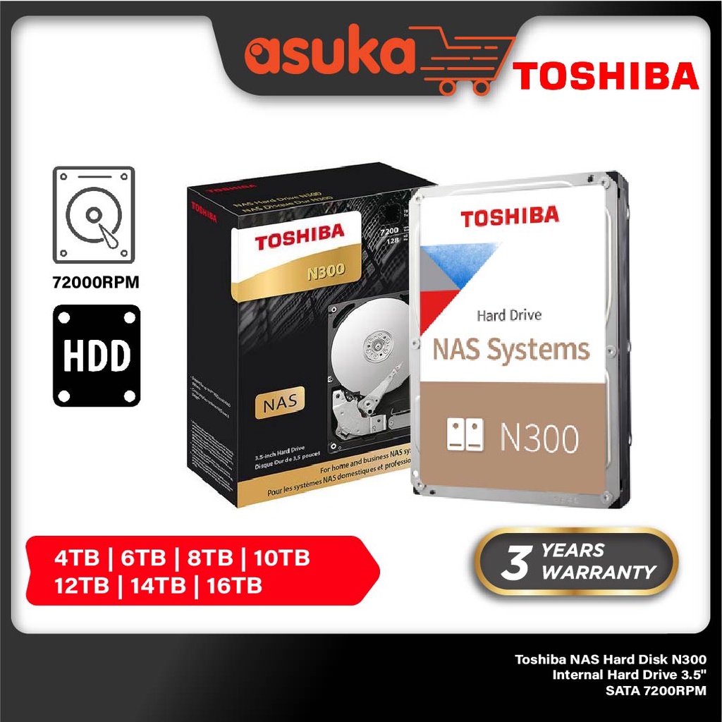 Toshiba NAS Hard Disk N300 Internal Hard Drive 3.5" SATA 7200RPM (4TB/6TB/8TB/10TB/12TB/14TB ...