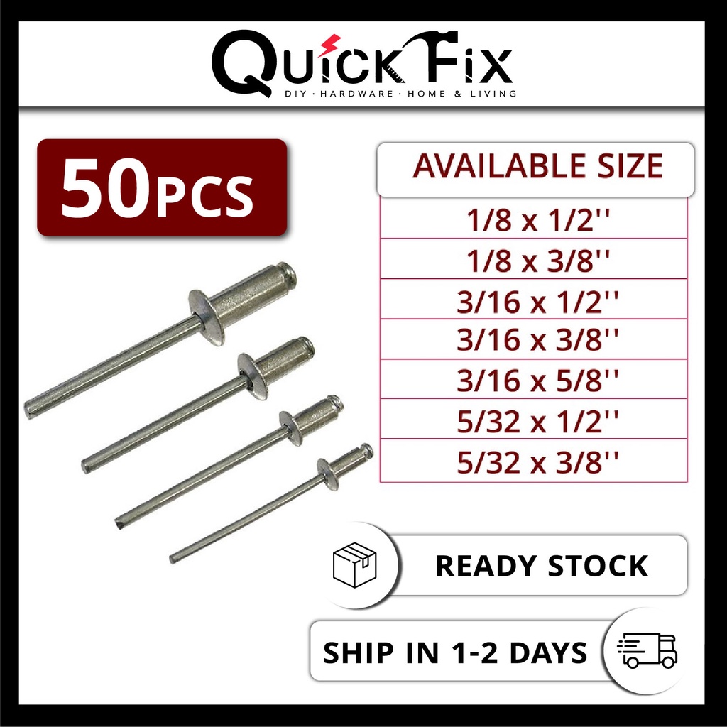 QuickFix [50 PCS] Aluminium Blind Rivet Mata Rivet (1/8", 3/16", 5/32 ...