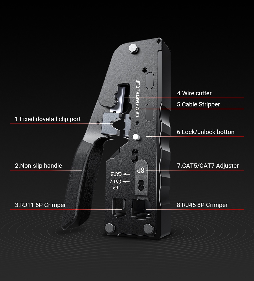 AMPCOM Cat 7 Network Crimping Tool CRIMP/CUT/TRIM/STRIP 4-IN-1 Works ...