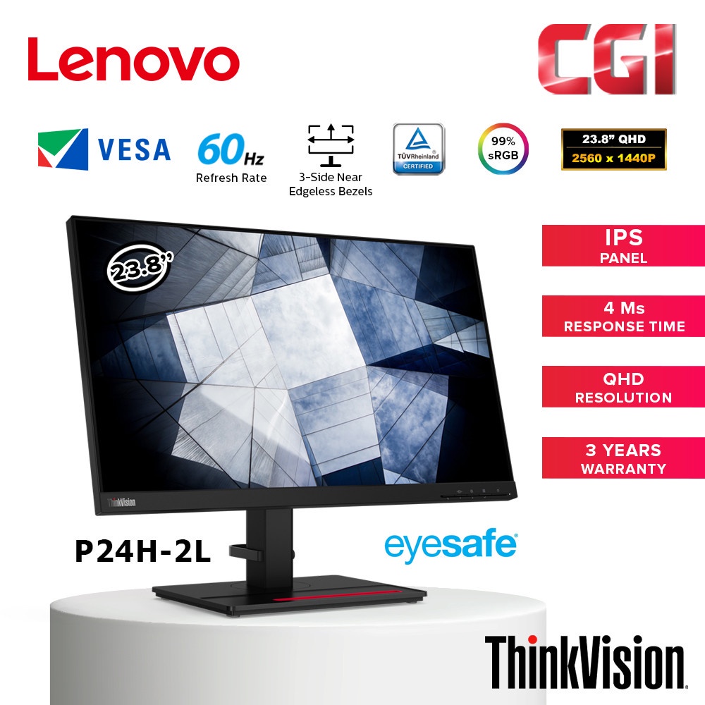 Lenovo ThinkVision 23.8" P24h-2L QHD IPS HDMI Display Port USB-C Natural Low Blue Light Monitor ...