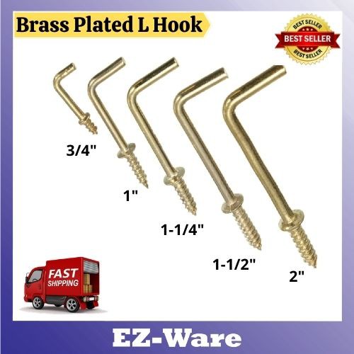 (10pcs) Brass Plated Screw L Hook 3/4" , 1" , 1-1/4" , 1-1/2" , 2 ...