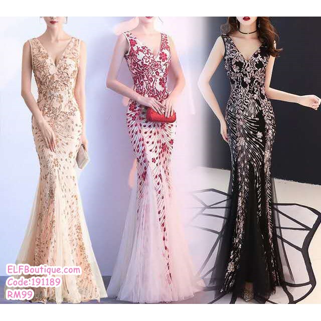 READY STOCK Elegant Bride’s V-Neck Embroidered Dinner Gown Fish Tail ...