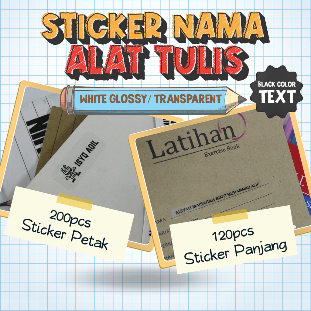 STICKER NAMA ALAT TULIS (BLACK INK) - TRANSPARENT ATAU WHITE GLOSSY ...