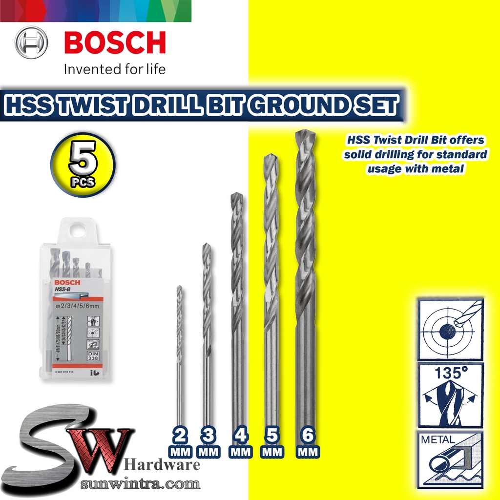BOSCH 5pcs HSS-G DIN 338 HSS Metal Drill Bit Set (2,3,4,5 & 6mm ...