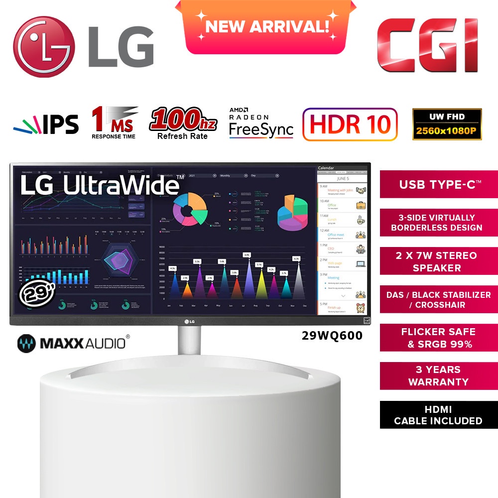 LG 29" 29WQ600 IPS FHD AMD Freesync HDR10 100Hz 1ms USB-C Borderless ...
