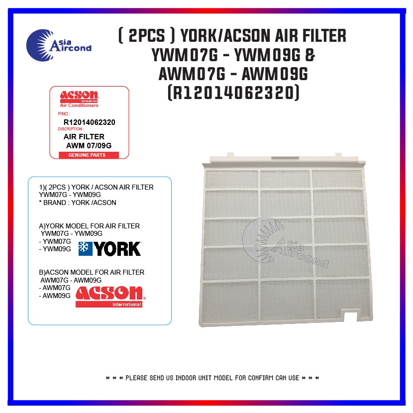 ( 2PCS ) YORK / ACSON AIR FILTER YWM07/09G & AWM07G/09G (R12014062320 ...