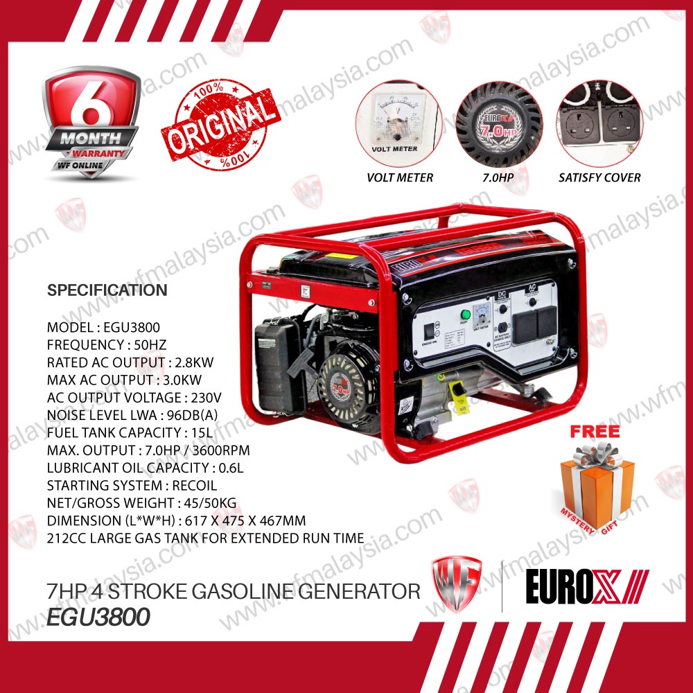 EUROX EGU3800 7HP 212CC 4-Stroke Gasoline Generator Max 3000W (3Kva) | Shopee Malaysia