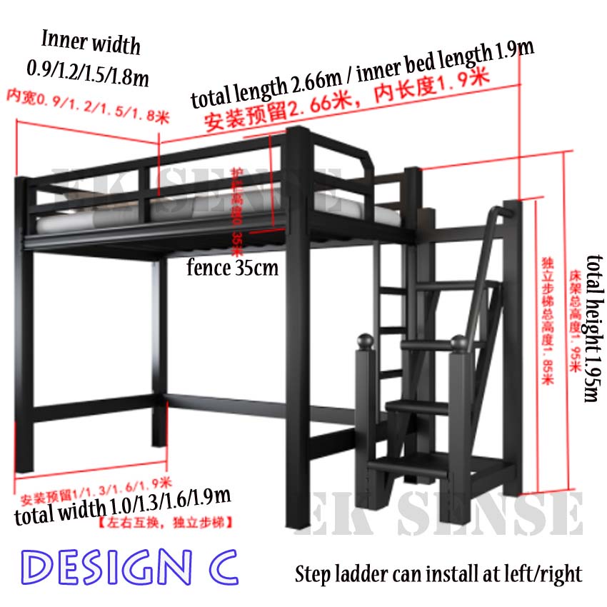 EKSENSE Upgraded Metal Loft Bed Frame Ladder Double Decker Bunk Rangka ...