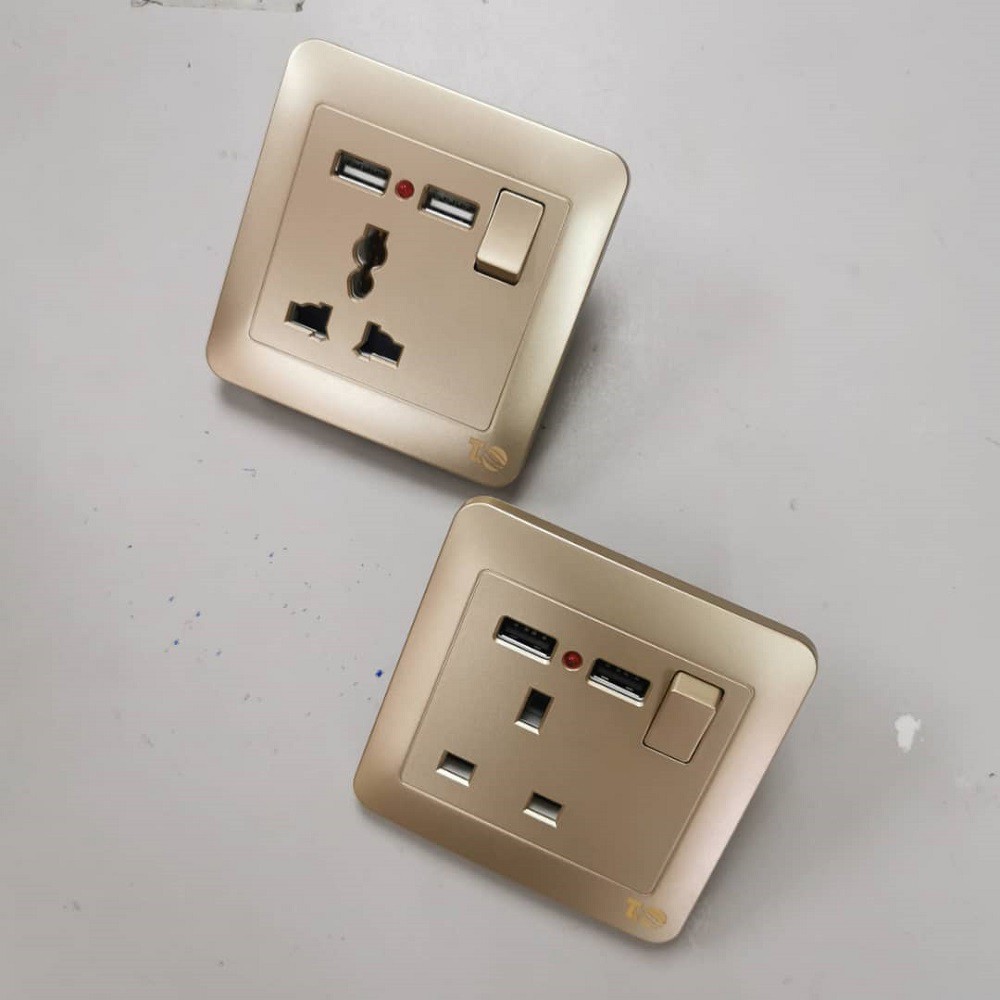 3 PIN UK PLUG WALL SOCKET WITH SWITCH AC/DC USB CHARGER GOLD (STANDARD ...