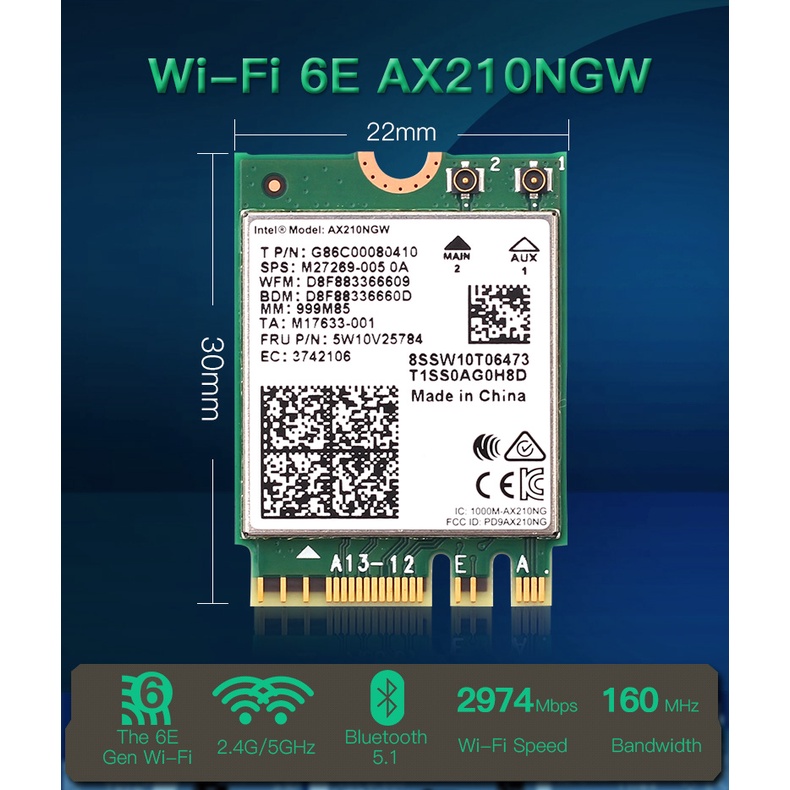 【Antenna set optional】Intel AX210 WI-FI 6E Bluetooth 5.2 Dual Band 3000Mbps M.2 Wireless Card ...