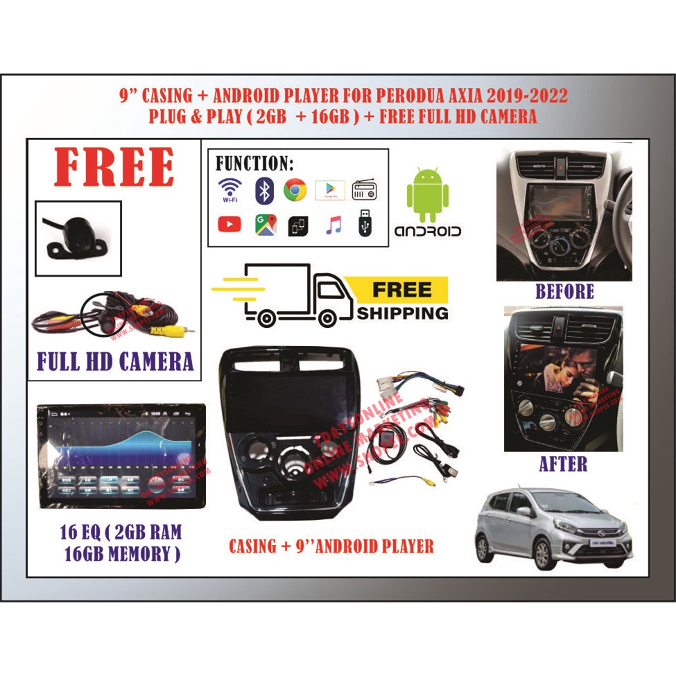PERODUA AXIA 2019-2022 9" ANDROID PLAYER 16GB 2RAM + CASING + (FREE ...