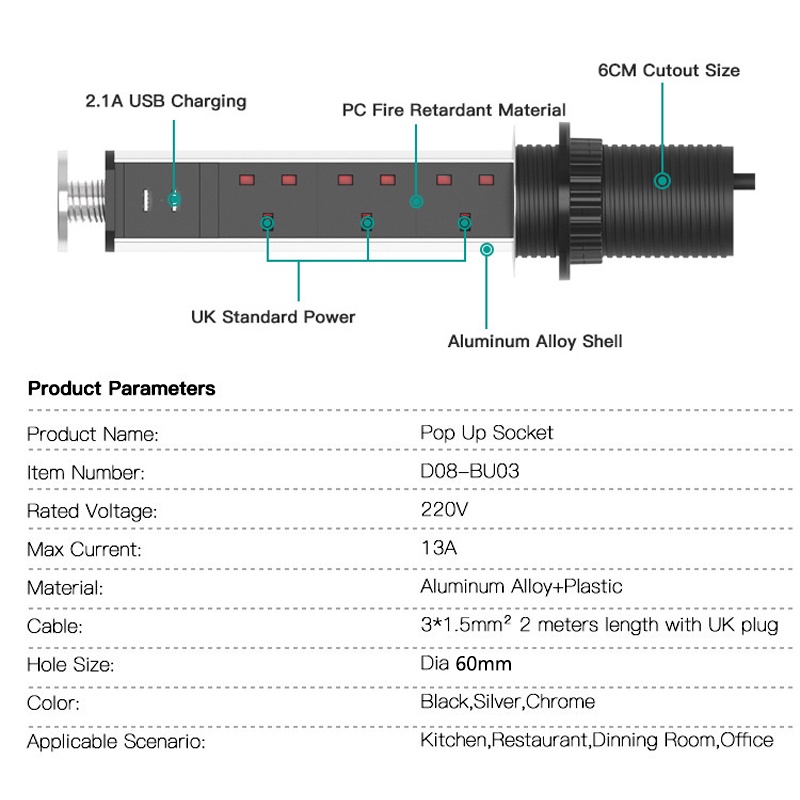 13A Power Socket With USB PULL Pop Up Retractable Socket Hidden Desktop ...