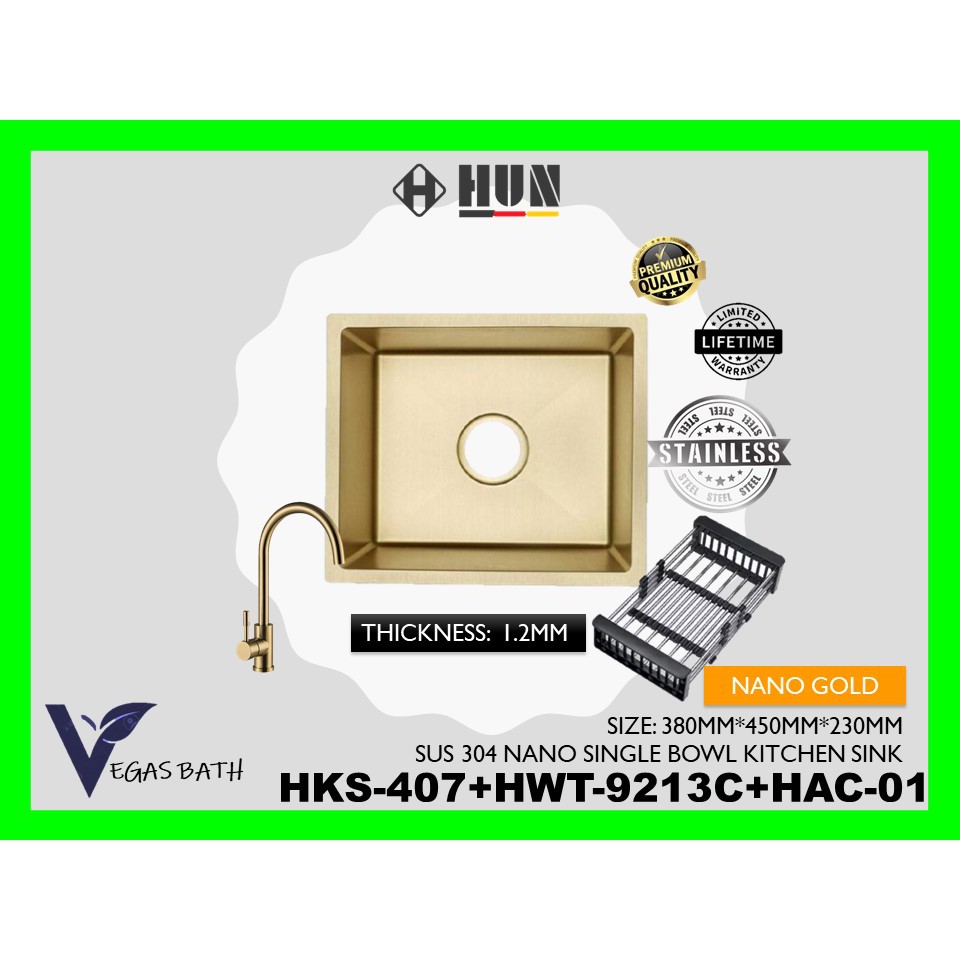 [PACKAGE] HUN HKS 407 NANO GOLD KITCHEN SINK + HWT9213-C GOLD PILLAR ...