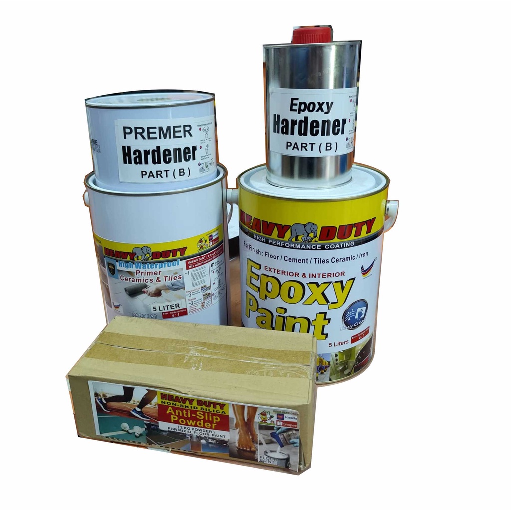 BIG FULL SET Epoxy Floor Coating ( 5L PRIMER WATERPROOF + 5L EPOXY PAINT HEAVY DUTY + 2KG ANTI ...