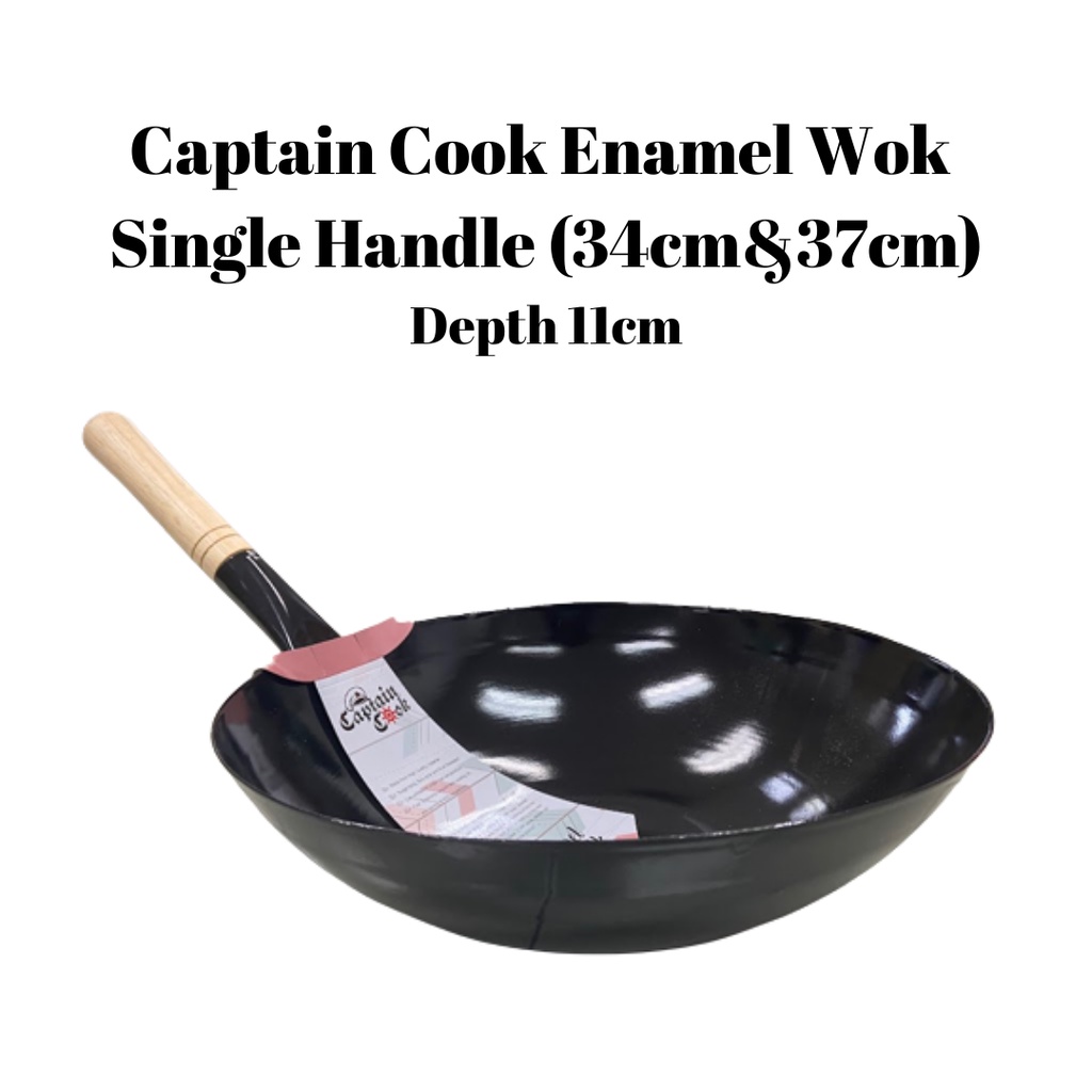 CAPTAIN COOK [34cm/37cm/40cm] Single Handed Non-Stick Enamel Wok ...