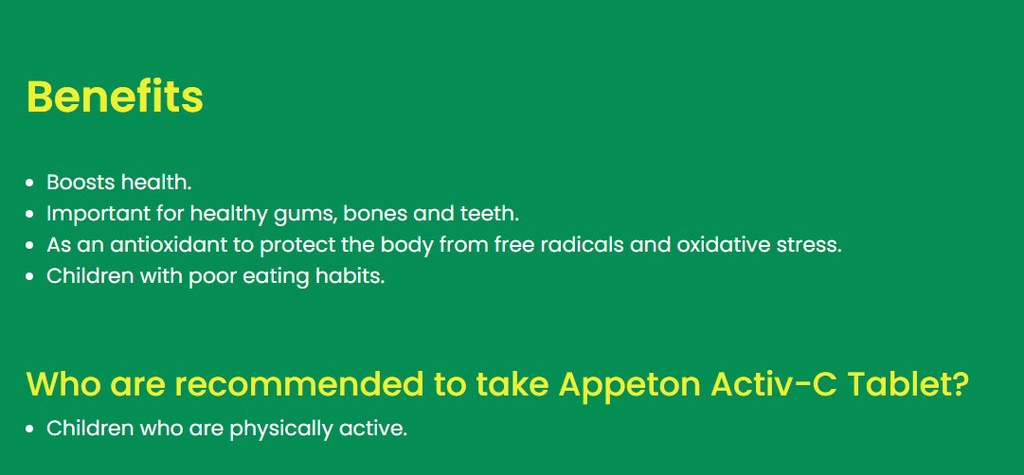 Appeton Activ-C Vitamin C For 7-12 Years Old 100mg x 60 Tablets ...