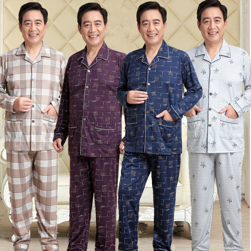 Middle Aged and Elderly Men's Pajamas Long Sleeve Pure Cotton Extra ...