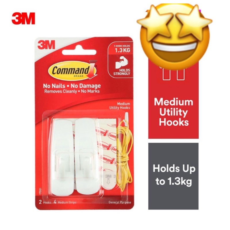 3M Command Medium Utility Hooks (Holds Up to 1.3kg) (2pcs/pck) Wall ...