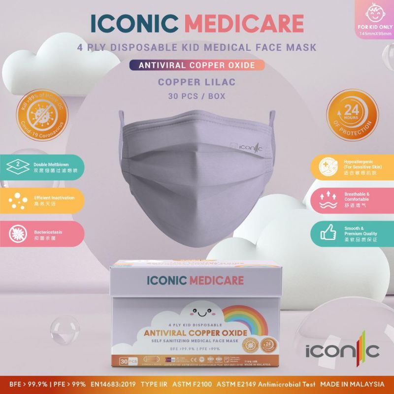 ICONIC MEDICARE [KID] ANTIVIRAL COPPER LILAC 4 PLY MEDICAL FACE MASK ...
