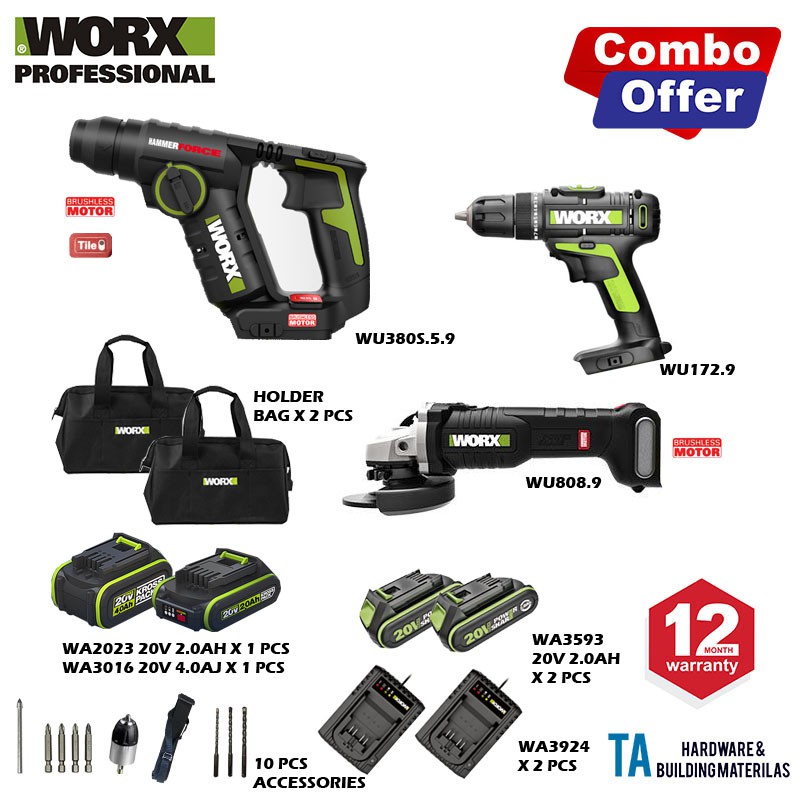 WORX COMBO OFFER WU380S.5 WU172 WU179 WU189.2 WU808 BRUSHLESS MOTOR ...