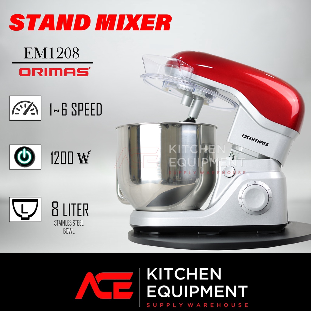 ORIMAS EM1208 Food Stand Mixer 6-Speed 1200W 8 Liter Stainless Steel ...