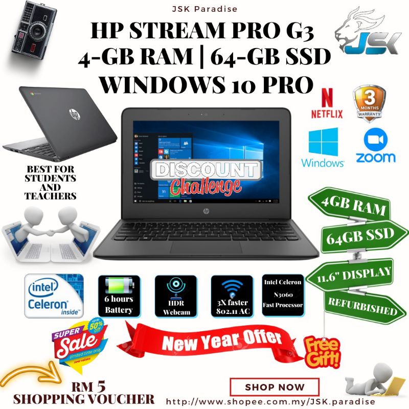 N3050 HP 11 Pro Celeron N3050 LAPTOP/4GB RAM/64 GB SSD WITH FREE