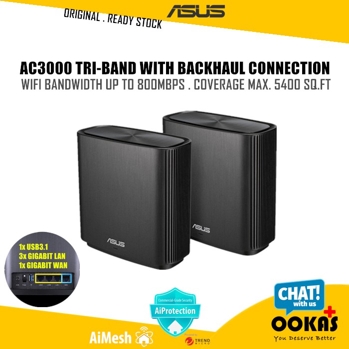 Asus ZenWiFi AC CT8 AC3000 Tri-Band Backhaul 4x Gigabit Mesh WiFi Router / AiMesh Wireless ...