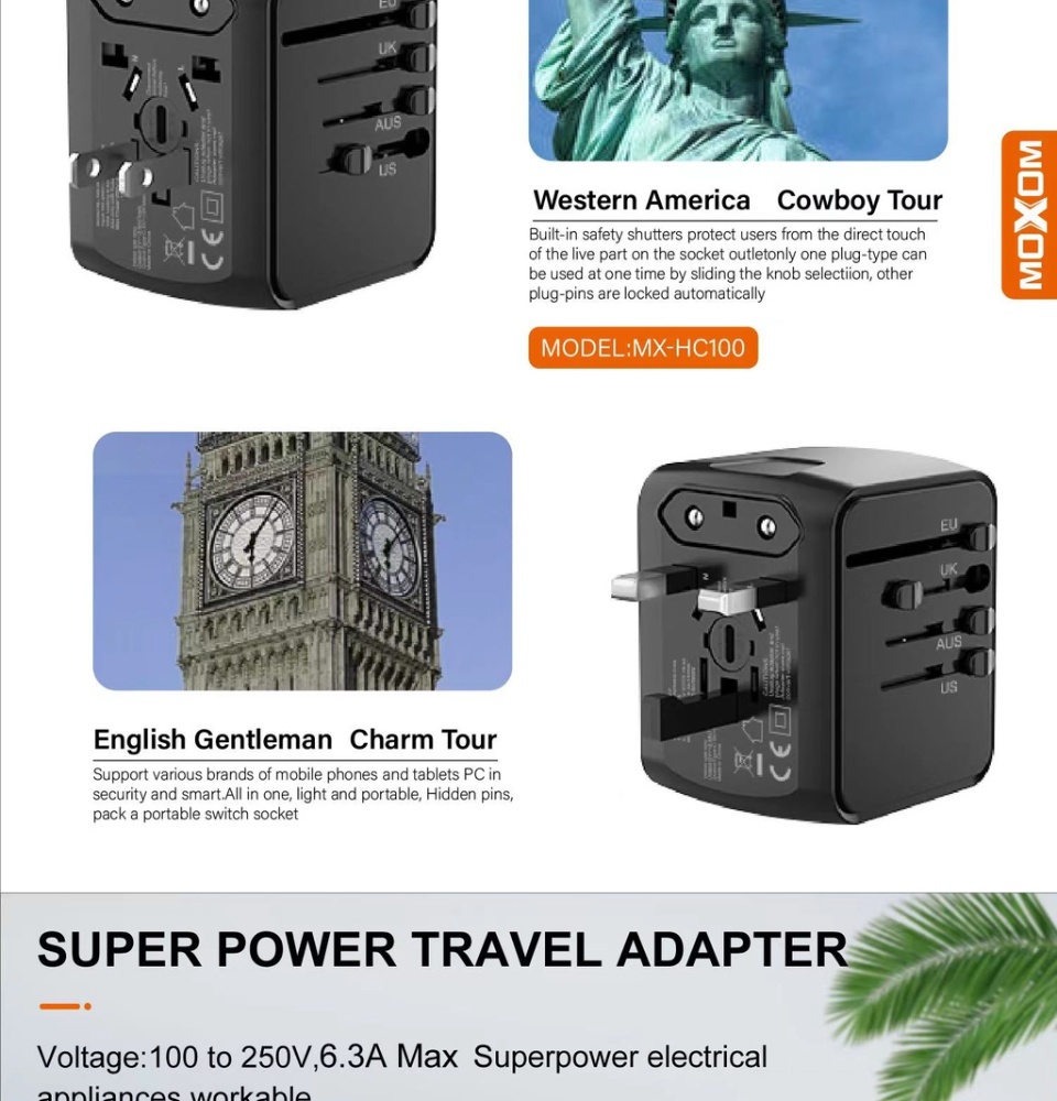 MOXOM MX-HC100 ( HC100 ) Multi-Nation Travel Adapter 4 in 1 with USB ...