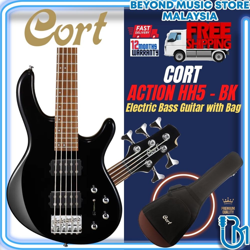 Cort Action HH5 5 String Double Cutaway Bolt On Meranti Die Cast Black ...
