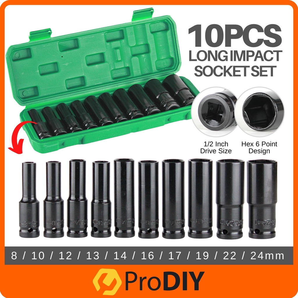 10PCS 1/2 Inch Long Impact Socket Set Black Deep Box Set Tool Set 8mm ...