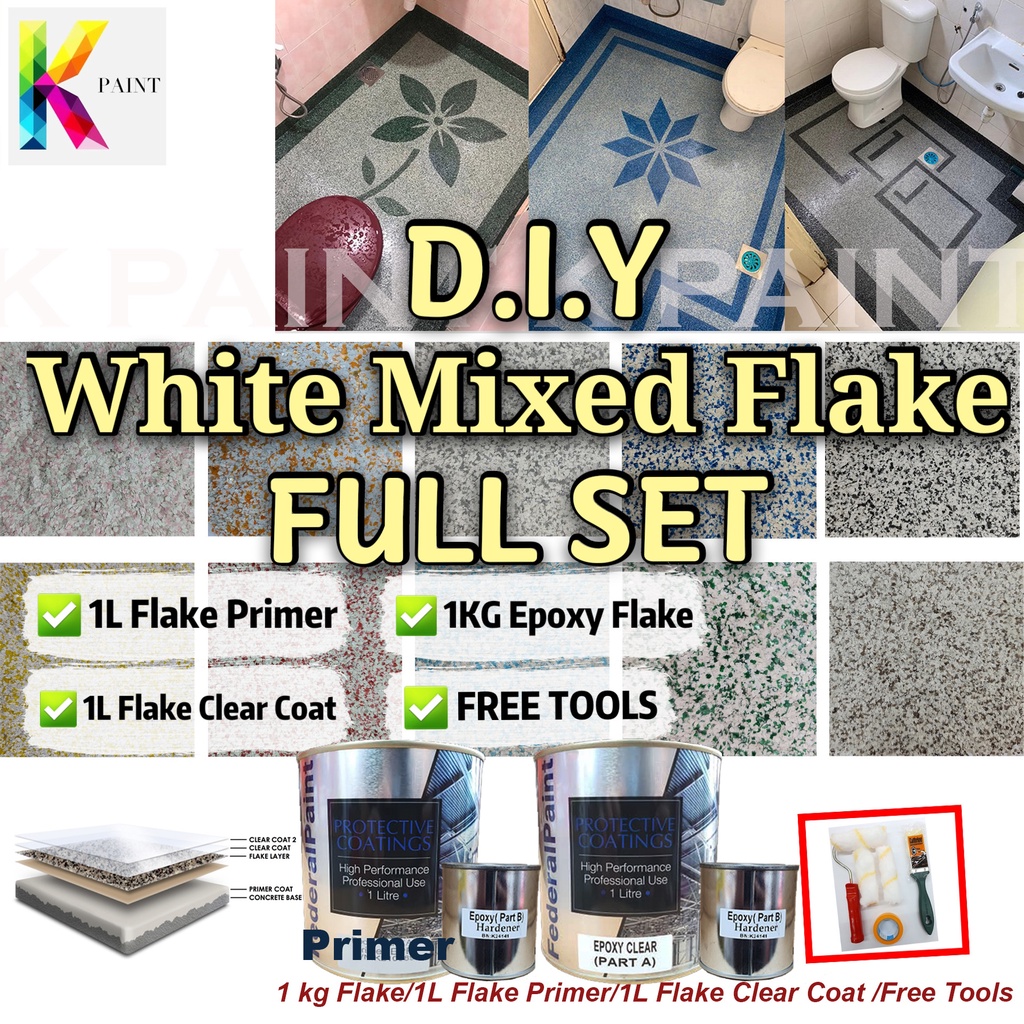 D.I.Y WHITE MIXED FLAKE 1 SET Epoxy Colour Flake Coating Toilet (1L PRIMER , 700G/1KG FLAKE , 1L ...