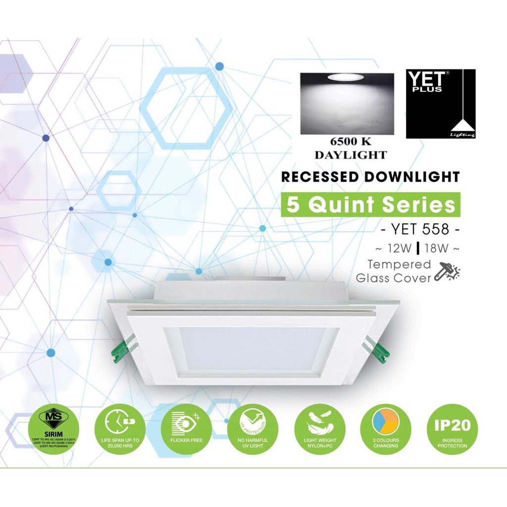 YETPlus YET558 Square Glass SIRIM 12W LED Ceiling Downlight Daylight ...