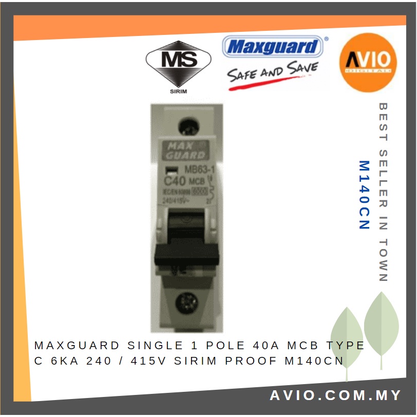 Maxguard Single 1 Pole 40A MCB Circuit Breaker Type C 6KA 240V / 415V ...