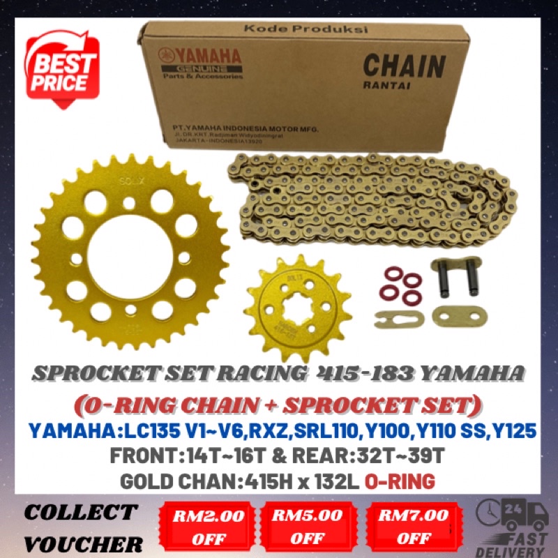 YAMAHA SPROCKET SET HARDEN STEEL 415 O-RING GOLD CHAIN 415HO-132L LC135 ...