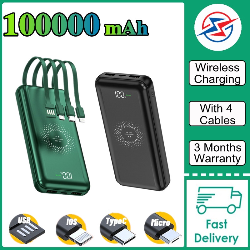 100000 MAh Power Bank Wireless Built In 4 Cables Portable Power Station ...