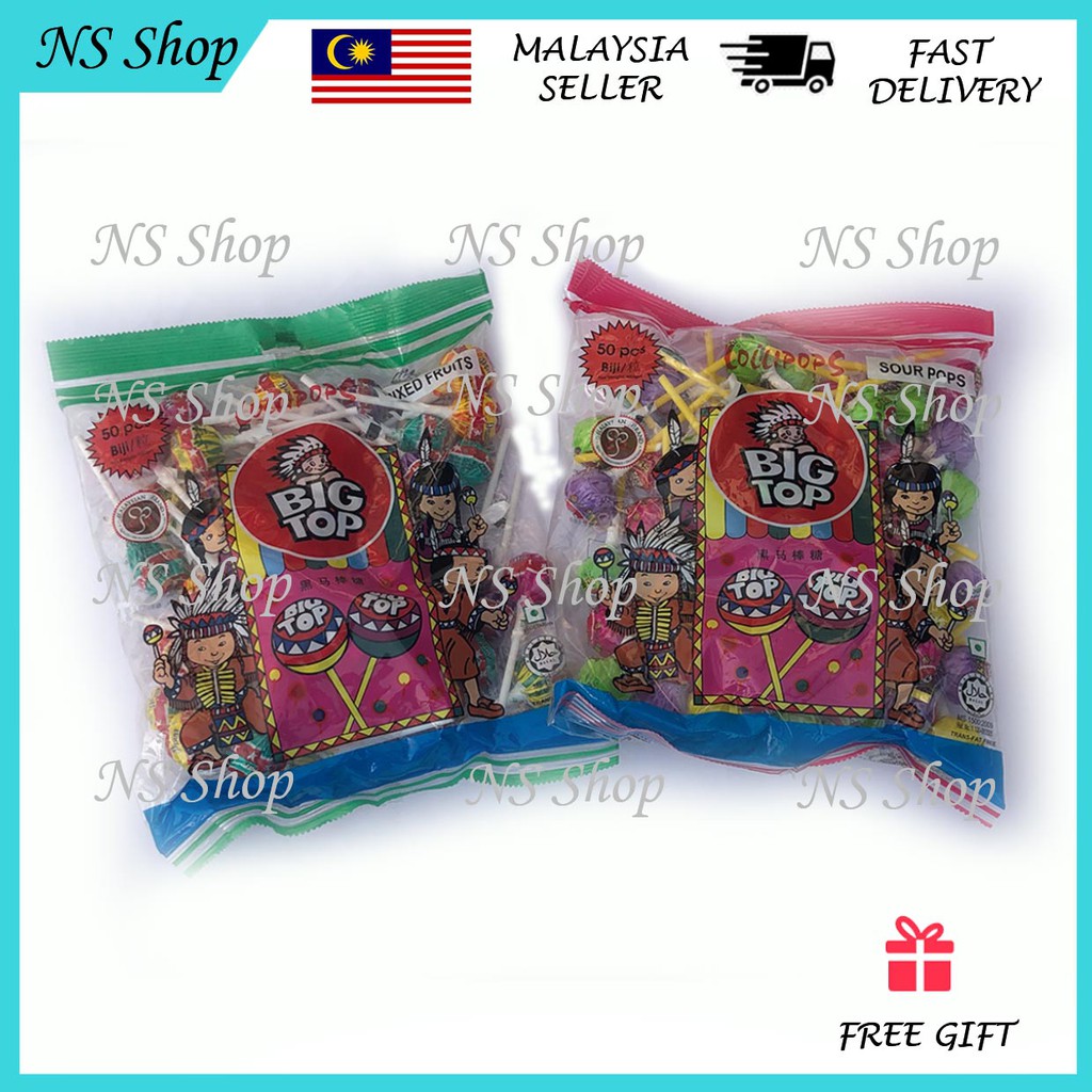 A NS Shop Big Top Lollipop. 50pcs Sour Pops Mix Fruit Childhood Gula-gula Raya Halal | Shopee ...