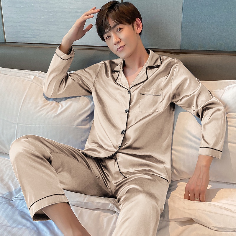 Ready Stock in Malaysia Men s Plus Size M 5XL Silk Satin Pyjamas Set Boys Male Baju Tidur Home Wear Suits Long Sleeve Solid Color leepwear Pajama Nightwear Suit Shopee Malaysia