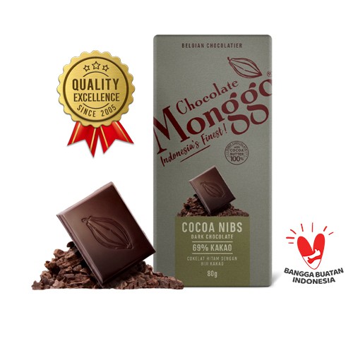 HITAM Chocolate Monggo | Cocoa Nibs & Dark Chocolate 69% Cocoa 80gr | Pure Chocolate 100% Cocoa ...