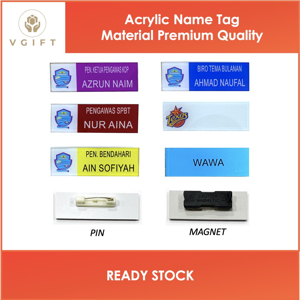 [Min 2 PCS] Acrylic Plastic Name Tag Pin & Magnet / Tag Nama Plastik ...
