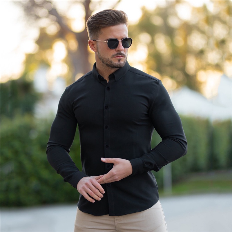Mens Classic Long Sleeve Solid Slim Fit Basic Dress Shirts Autumn Turn