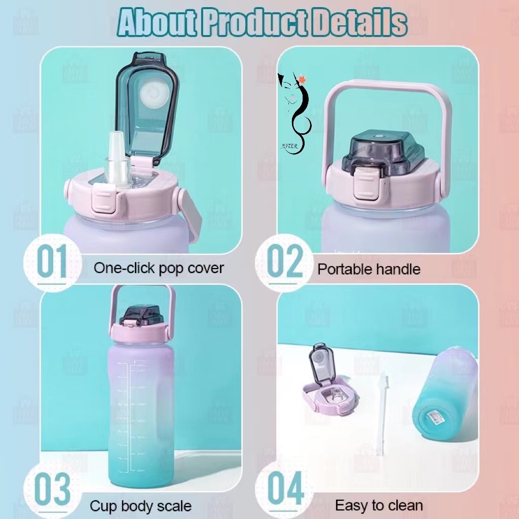Gradient 2000ml Water Bottle with Straw Cute Portable Time Scale Bottle Free 2D+3D Stickers 渐变色 ...