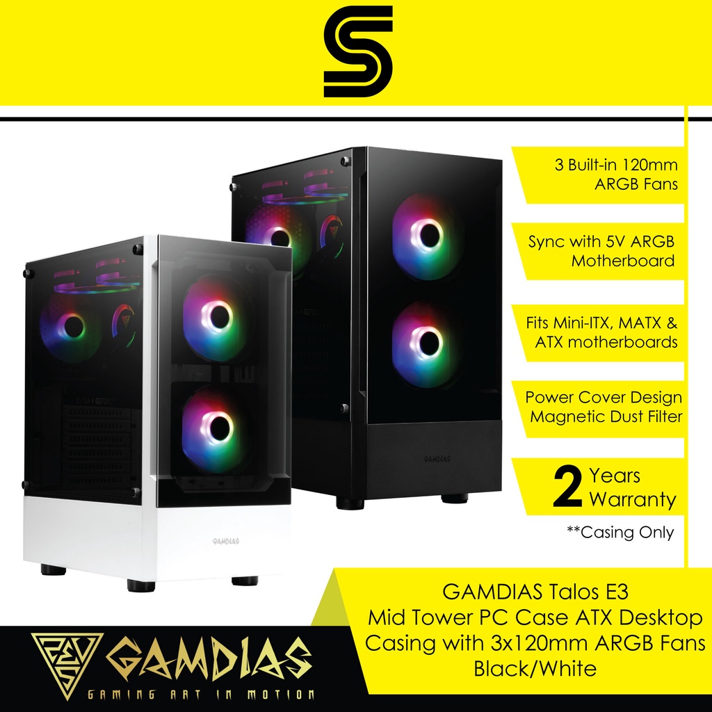 GAMDIAS Talos E3 Mid Tower PC Case ATX Desktop Casing with 3x120mm ARGB ...
