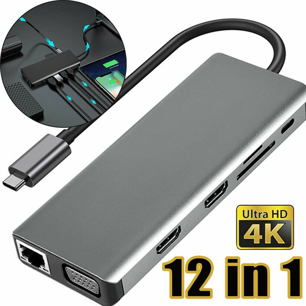 12in1 Type c Docking Station USB C HUB Type-c to Dual HDMI 4k VGA RJ45 SD/TF Card Reader Usb3.0 ...